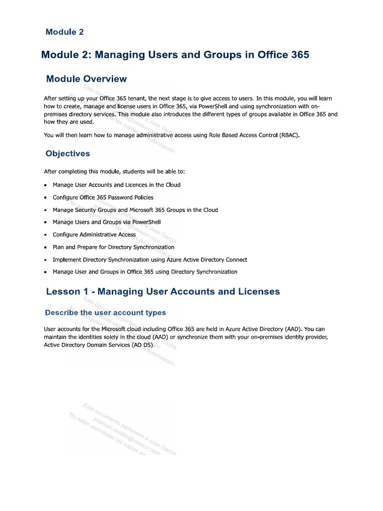 Module 2 Managing Users and Groups in Office 365 | PDF