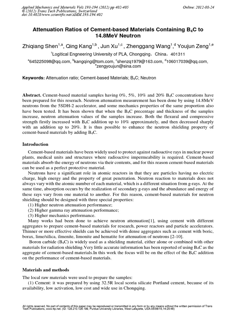 Neutron Attenuation in B4C-Cement Composites | PDF | Neutron | Boron