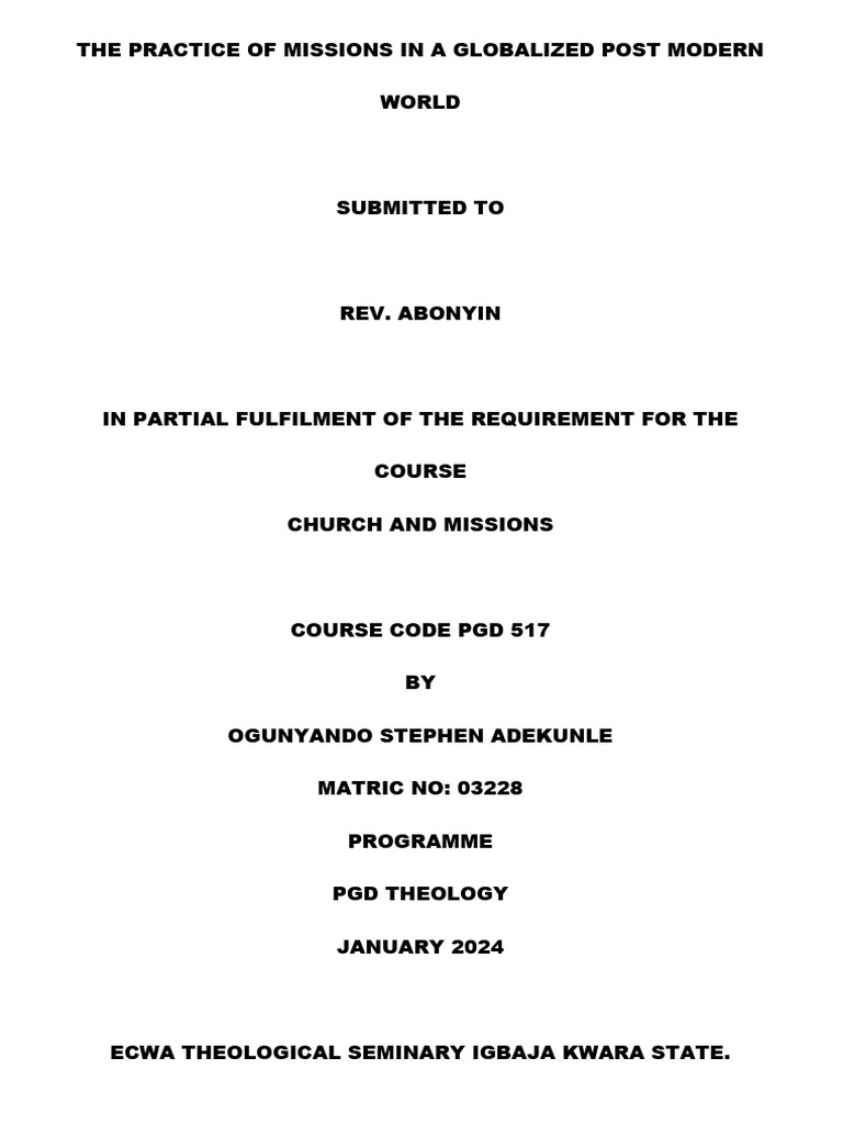 THE PRACTICE OF MISSIONS IN A GLOBALIZED POST MODERN WORLD | PDF ...
