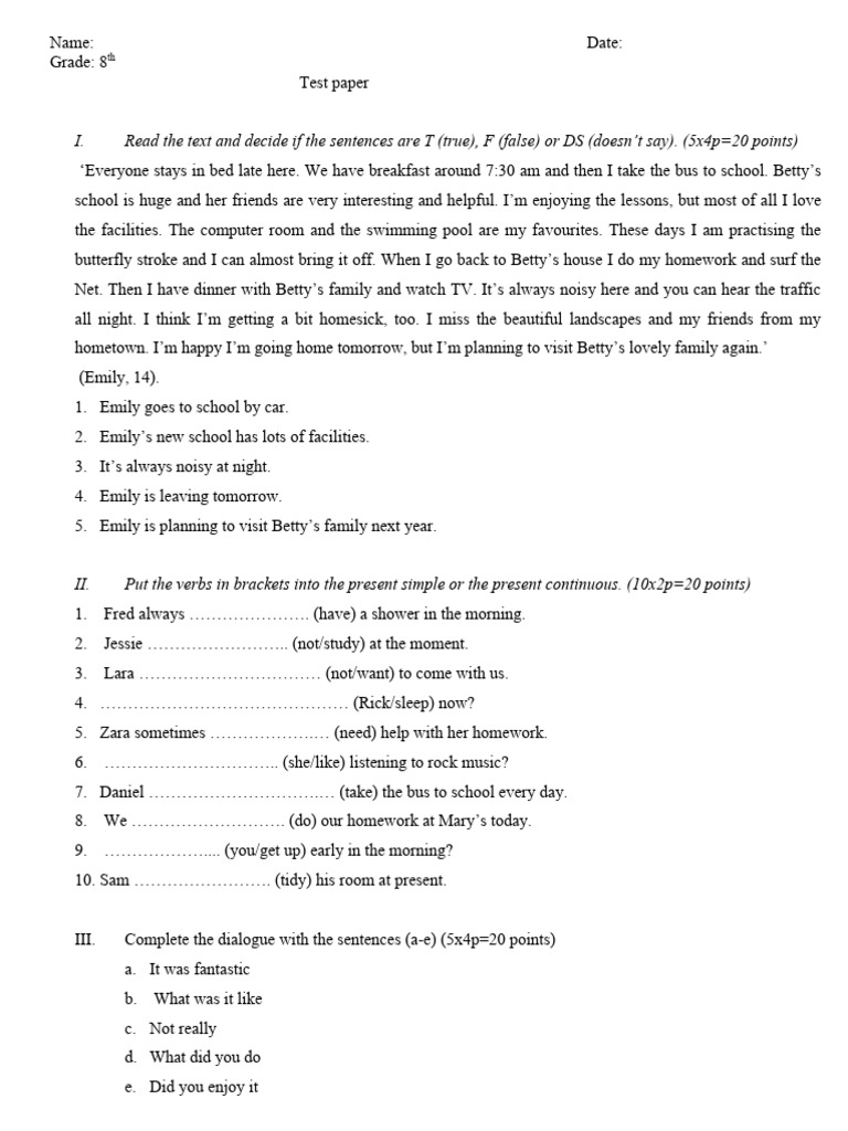 Test Paper 8th Grade | PDF