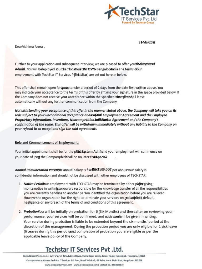 Hemavathi Dasari 15 Lpa Kafka Admin 3 Years Relevant Offer Letter | PDF | Legal Liability ...