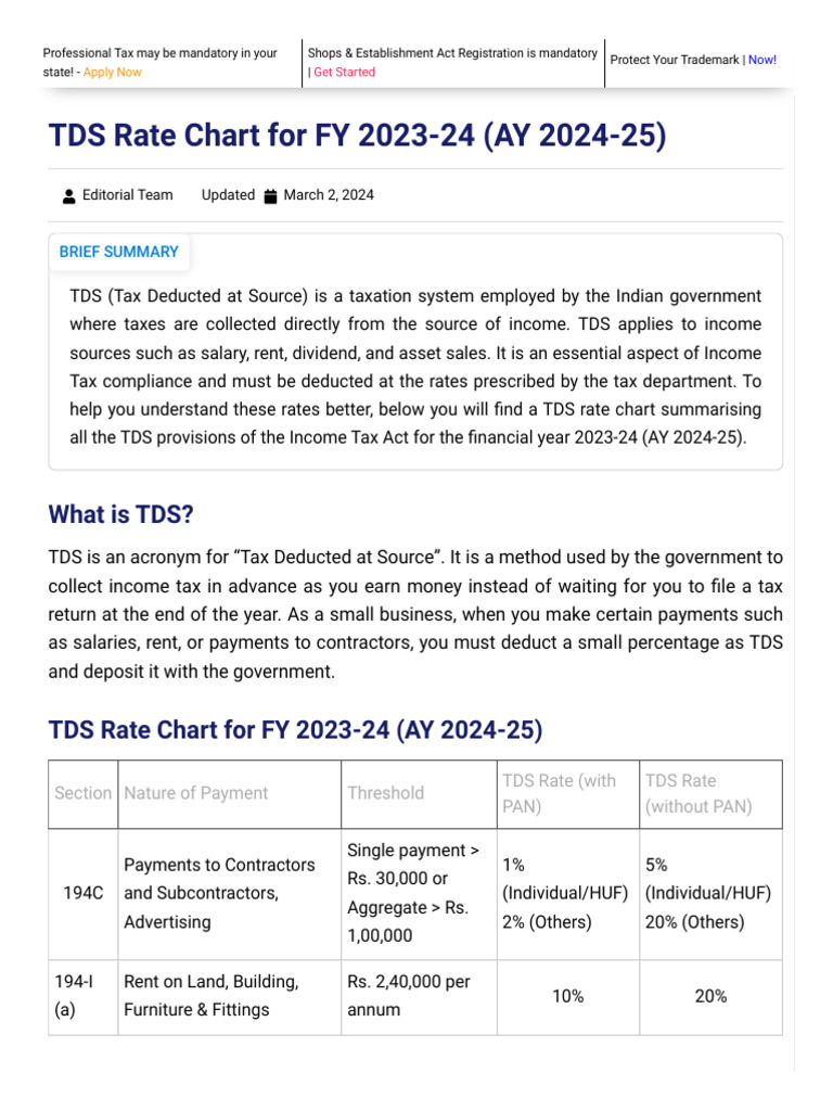 TDS Rate Chart for FY 2023-24 (AY 2024-25) | Download Free PDF | Taxes ...