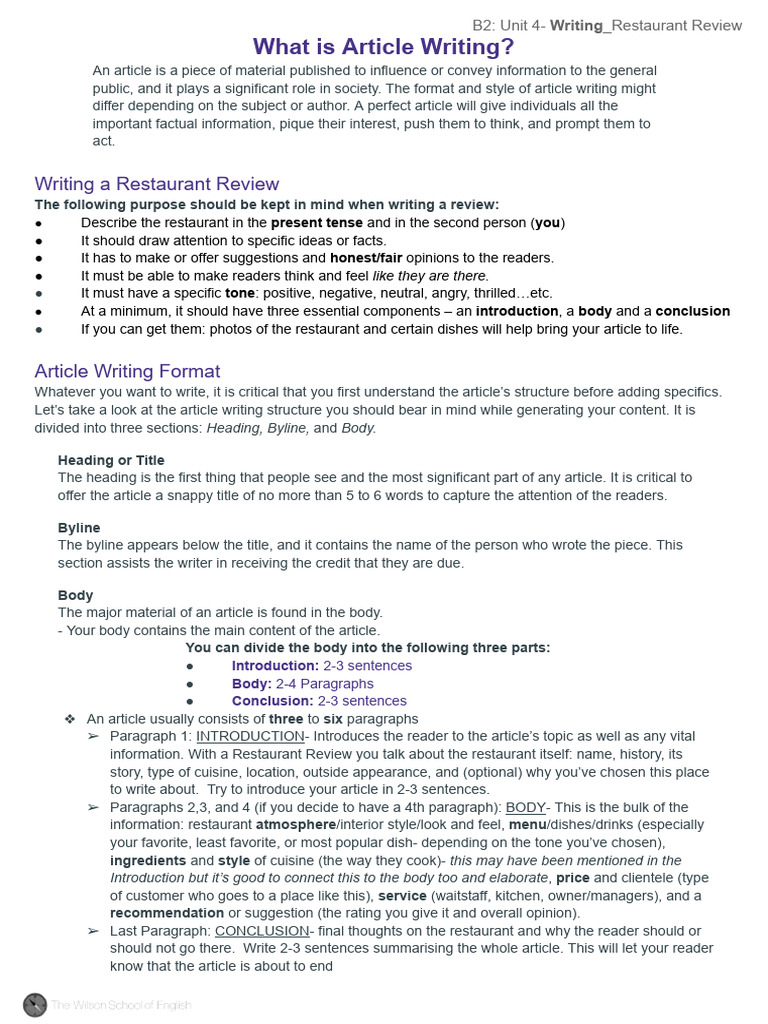 Restaurant Review Writing - Explanation+exercise | PDF | Waiting Staff ...