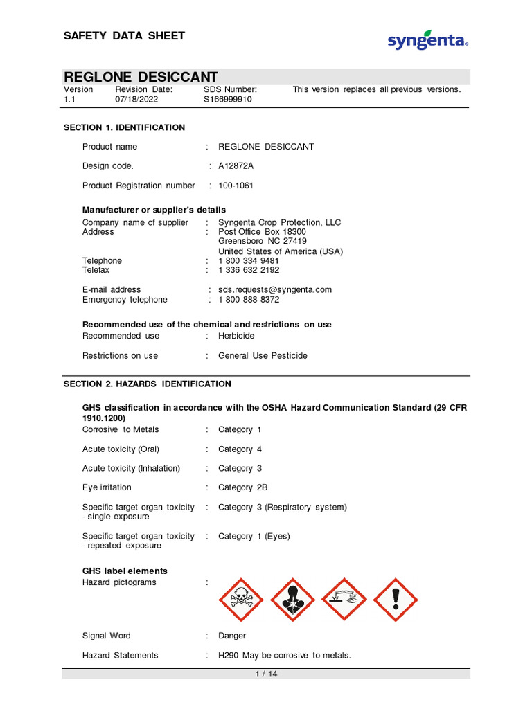 Reglone Dessicant | PDF | Toxicity | Occupational Safety And Health