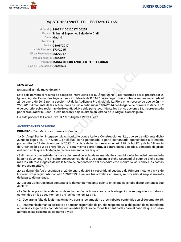 STS 4-5-2017 (Honorarios - Prescripción) | PDF | Caso de ley | Sentencia (ley)