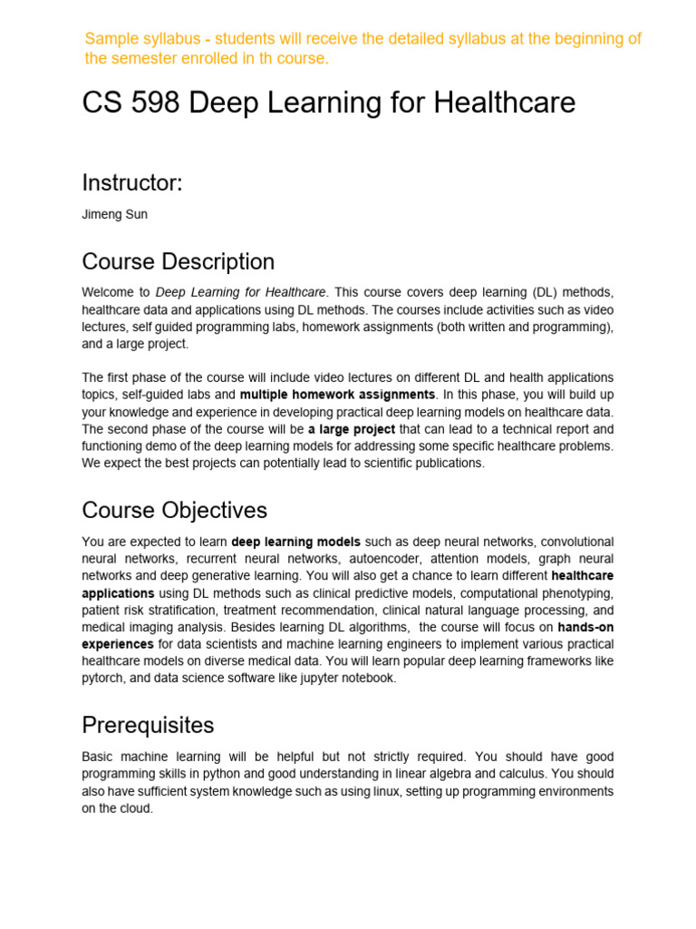 CS598 - Deep Learning For Healthcare Syllabus | PDF | Deep Learning ...