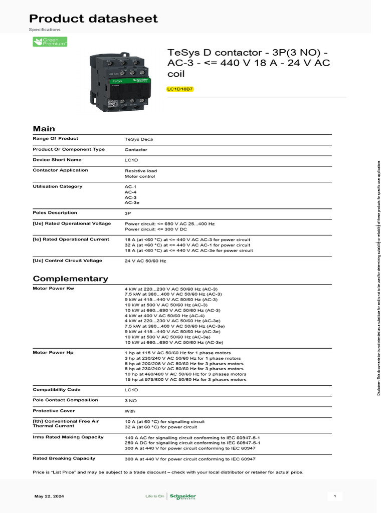 Schneider Electric_TeSys-D_LC1D18B7 | PDF