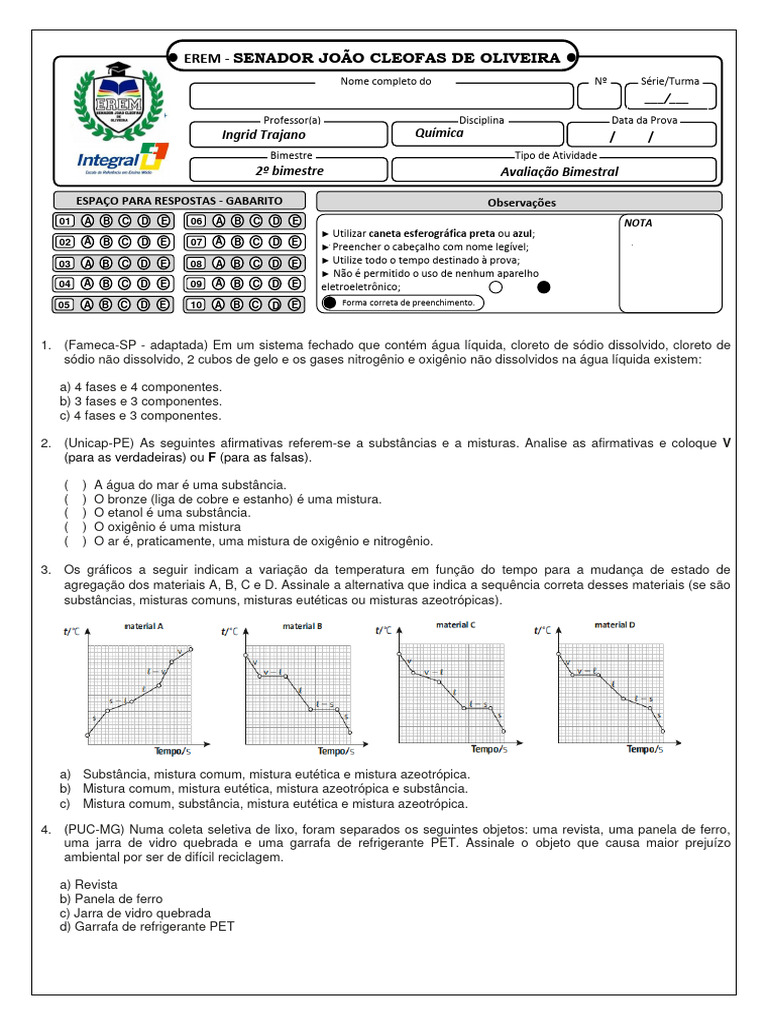 Avaliação De Química 1º Ano Adaptada Pdf Niels Bohr Elétron
