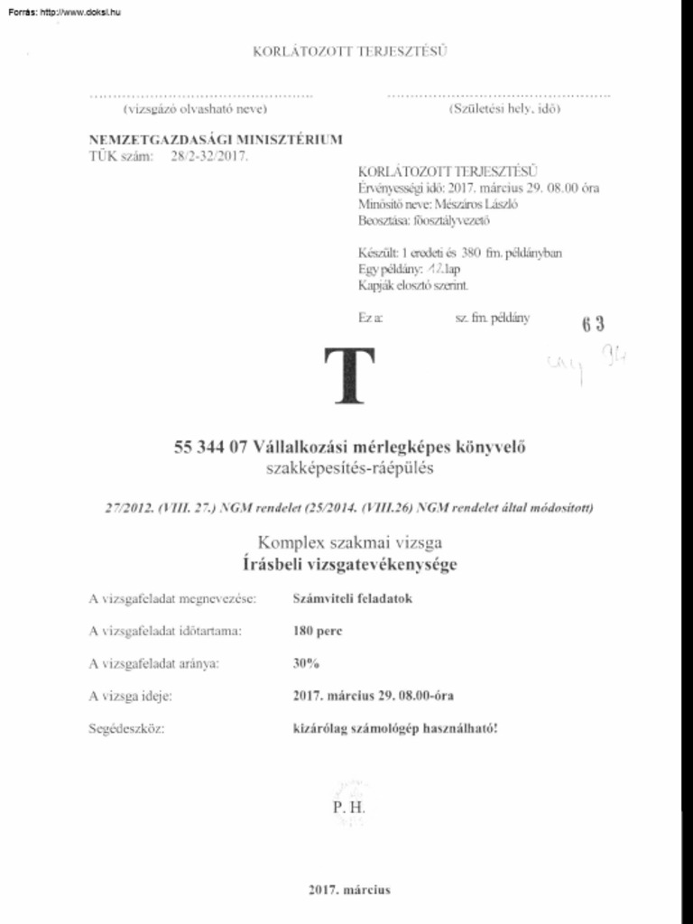 Vallalkozasi Merlegkepes Konyvelo Komplex Szakmai Vizsga 20170329 | PDF