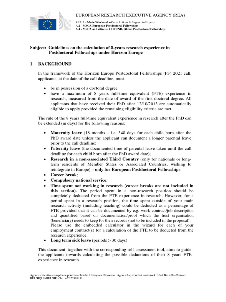 Horizon Europe PF Eligibility Guide | PDF | Parental Leave | Full Time ...