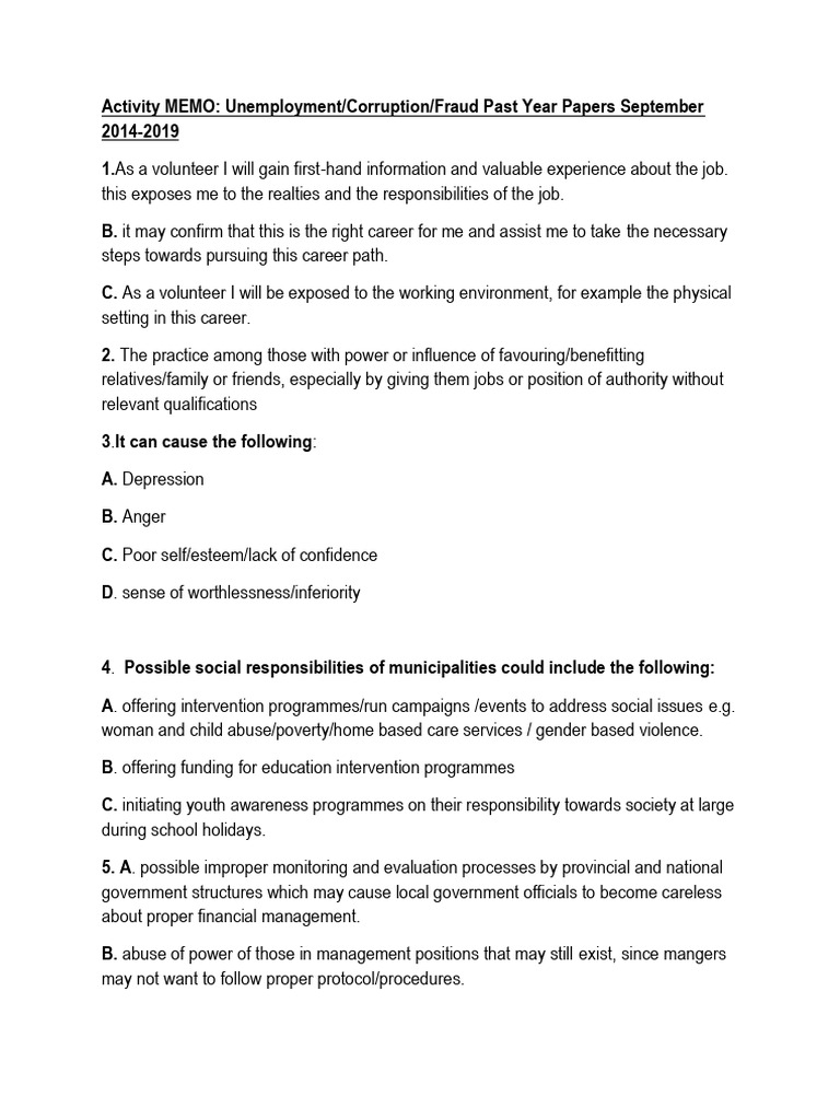 Activity MEMO Grade 12 Unemployment | PDF | Domestic Violence | Corruption