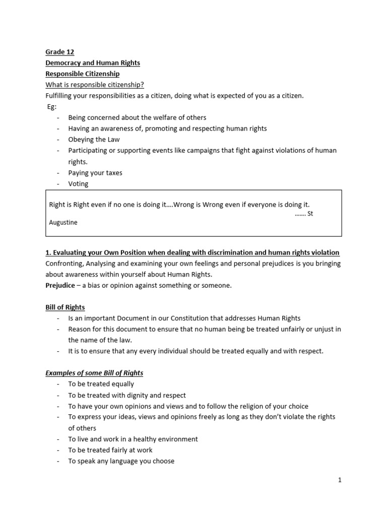 Grade 12 Democracy and Human Rights - Responsible Citizen | PDF | Human Rights | Citizenship