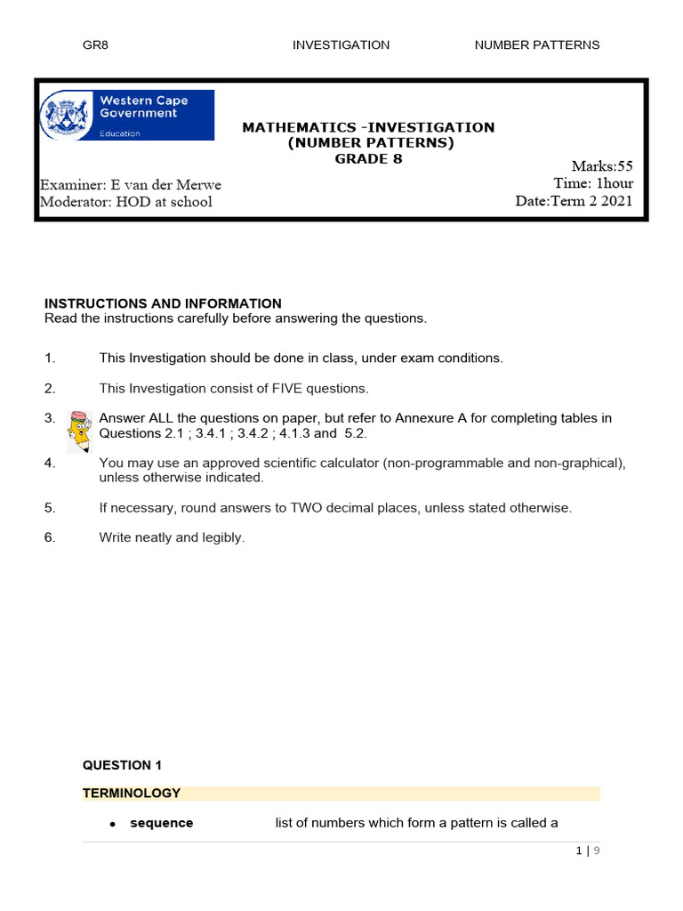 Grade 8 Number Patterns Investigation | PDF | Numbers | Arithmetic