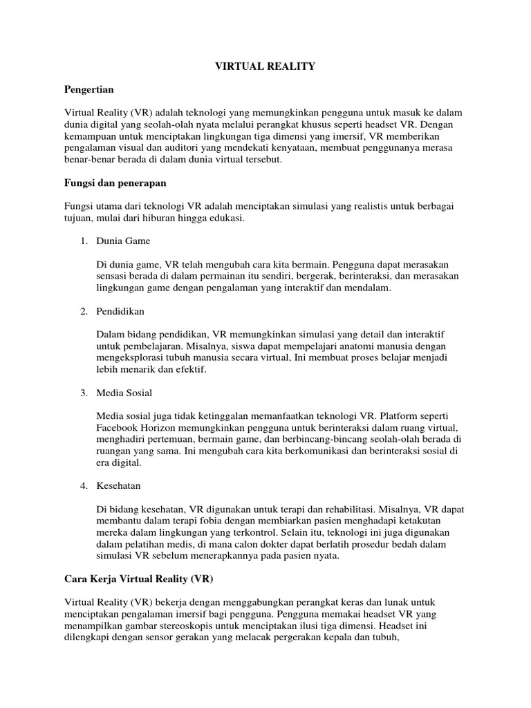 Teknologi Virtual Reality: Pengertian & Manfaat | PDF | Komputer