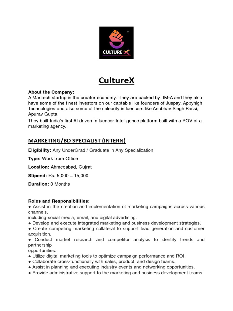 Internship Opportunities at CultureX | PDF | Marketing | Digital Marketing