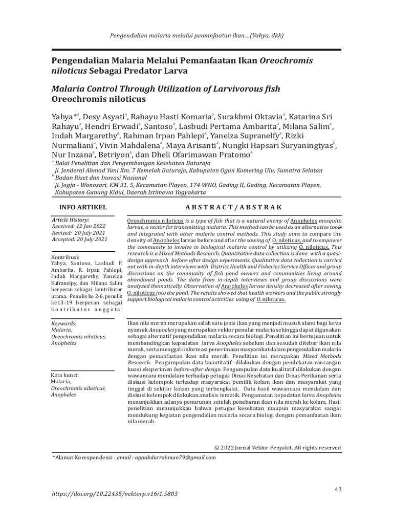Pengendalian Malaria Dengan Pemanfaatan Ikan Oreoc | PDF | Sains & Matematika