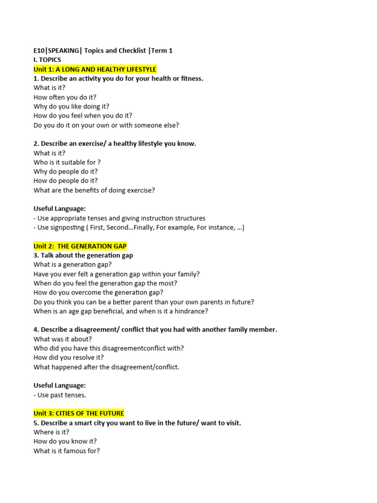 E11 - SPEAKING - Topics and Checklist - Term 1 | PDF | Vocabulary | Fluency