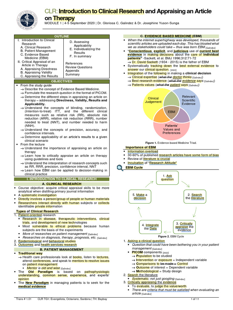 (CLR) 1.01 - Introduction To Clinical Research and Appraising An Article On Therapy | PDF ...