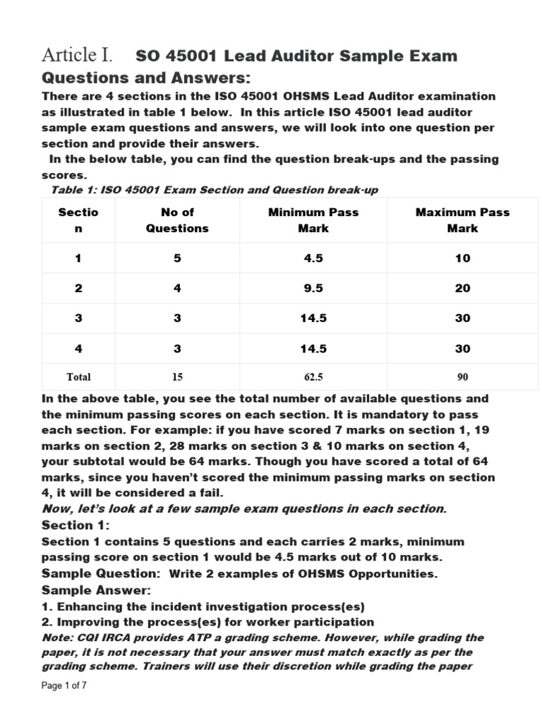 SO 45001 Lead Auditor Sample Exam Questions and Answers | PDF | Risk ...