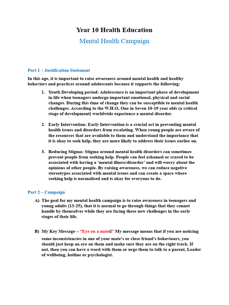 Year 10 Health Assignment 1 - Mental Health Campaign | PDF | Mental ...