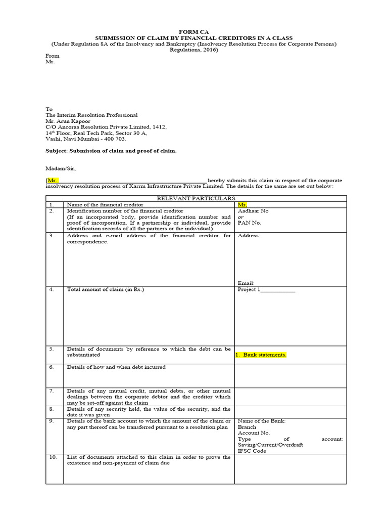 Sample Form - CA | PDF | Bankruptcy | Creditor