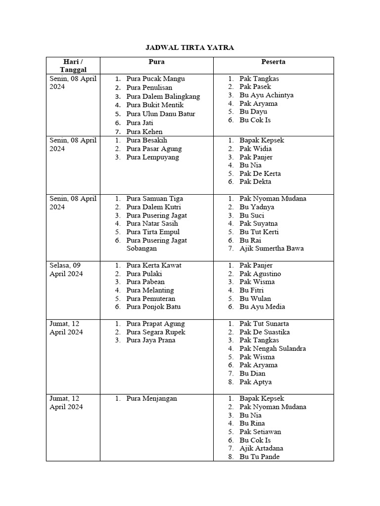 Jadwal Tirta Yatra | PDF
