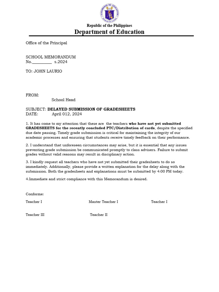 Memo on Delayed Gradesheet Submission | PDF | Career & Growth