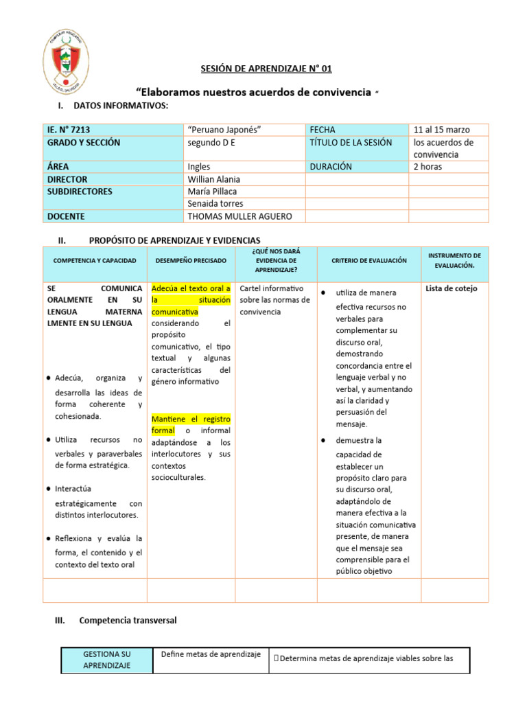 Esquema Sesion de Aprendizaje 2024 PJ | Descargar gratis PDF | Aprendizaje | Evaluación