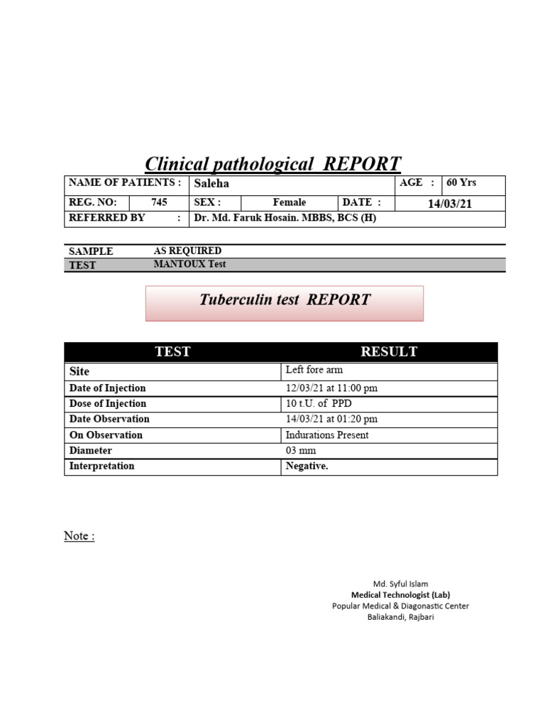 Mantoux Test Negative Report | PDF