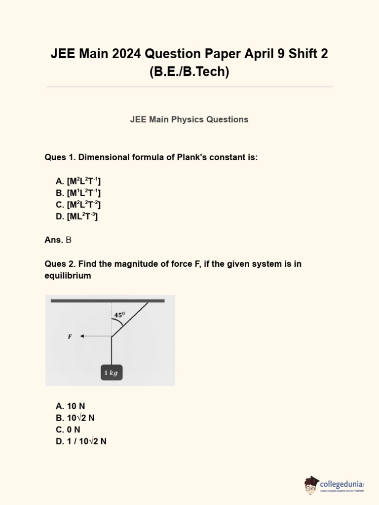 JEE Main 2024 Question Paper April 9 Shift 2 - 1 | PDF | Physical ...