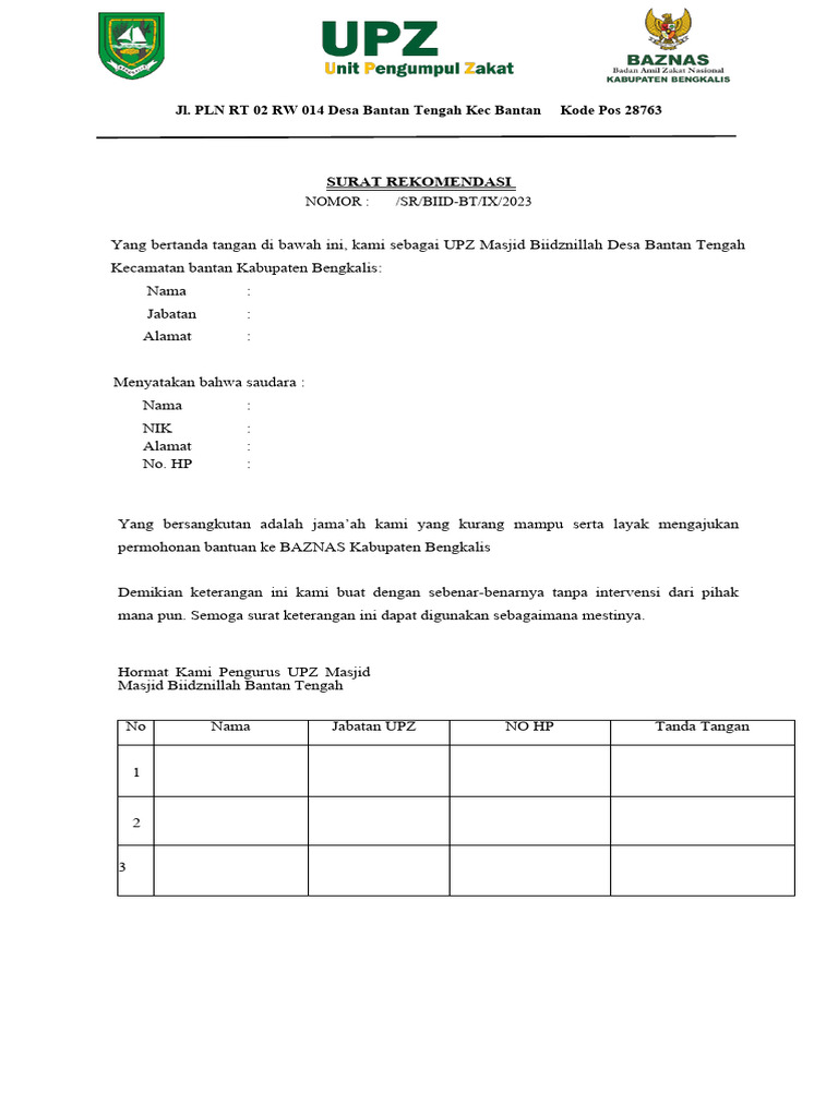 SURAT REKOMENDASI UPZ An SANIAH | PDF