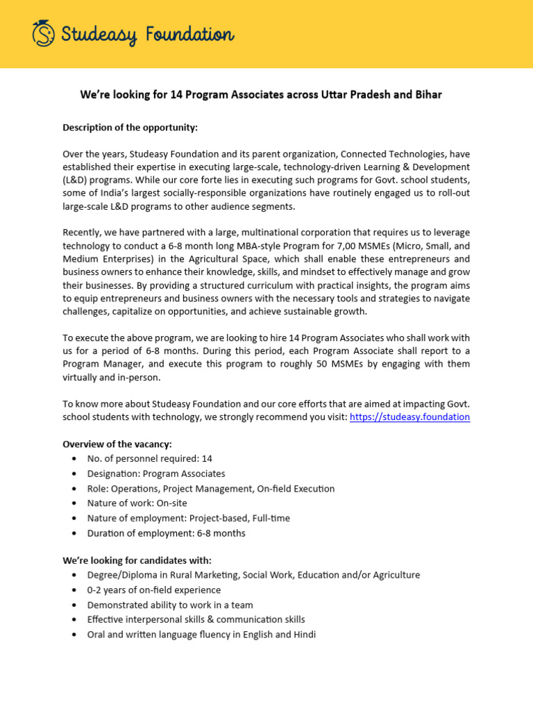 Updated JD Program Associate Studeasy Foundation | PDF | Entrepreneurship | Small And Medium ...