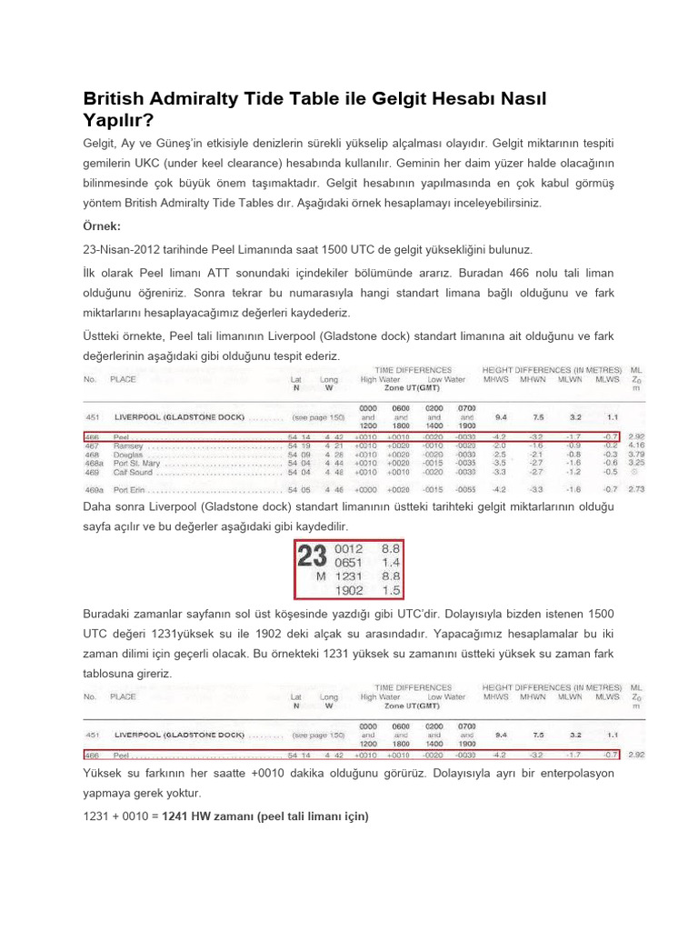 British Admiralty Tide Table Ile Gelgit Hesabı Nasıl Yapılır | PDF