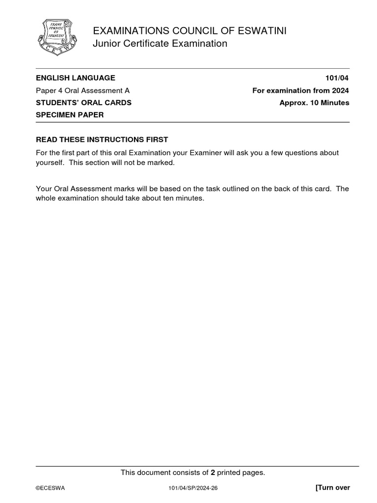 JC English Language Specimen 2021 Oral Assessment Cards Paper 4 | PDF