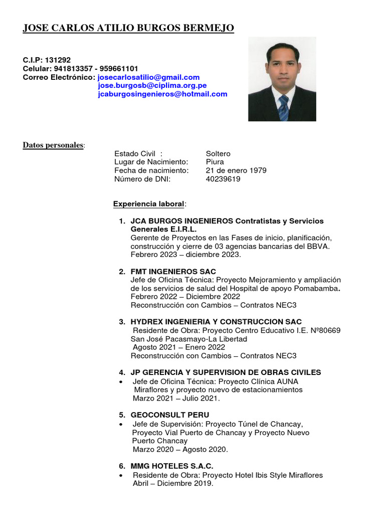 Cv Jose Carlos Burgos 2024 Doc. Comprimido | PDF | Perú | Ingeniero civil