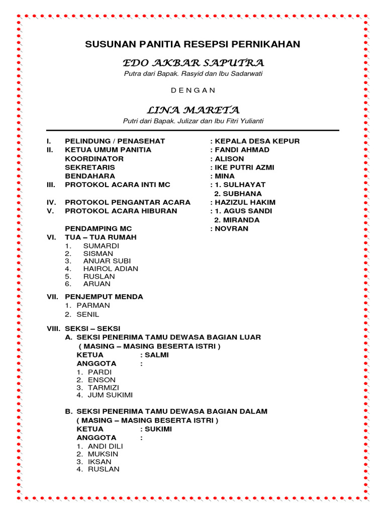 Susunan Panitia Resepsi Pernikahan | PDF