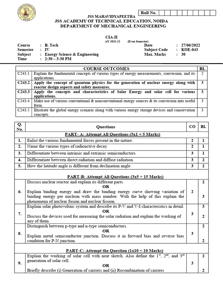 Energy Science & Engineering - CIA-2 (Moderated) | PDF | P–N Junction ...