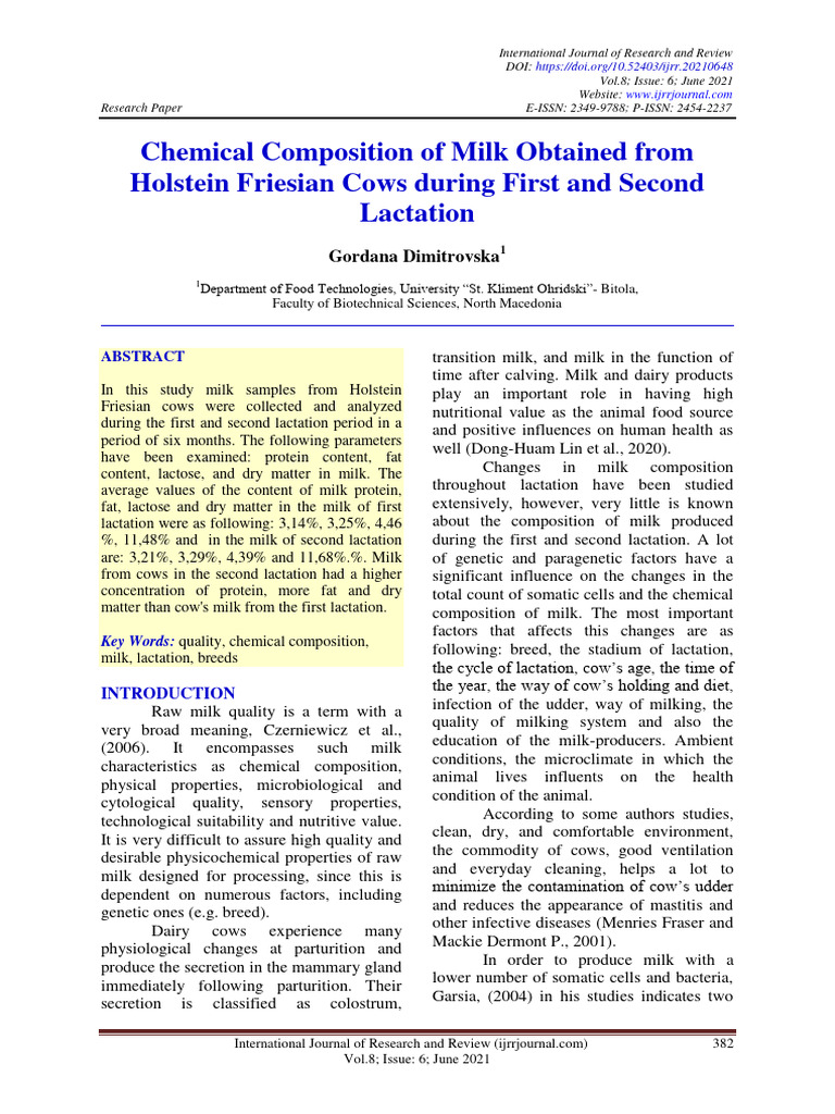 Chemical Composition of Milk Obtained From Holstein Friesian 5fkhieh47c ...