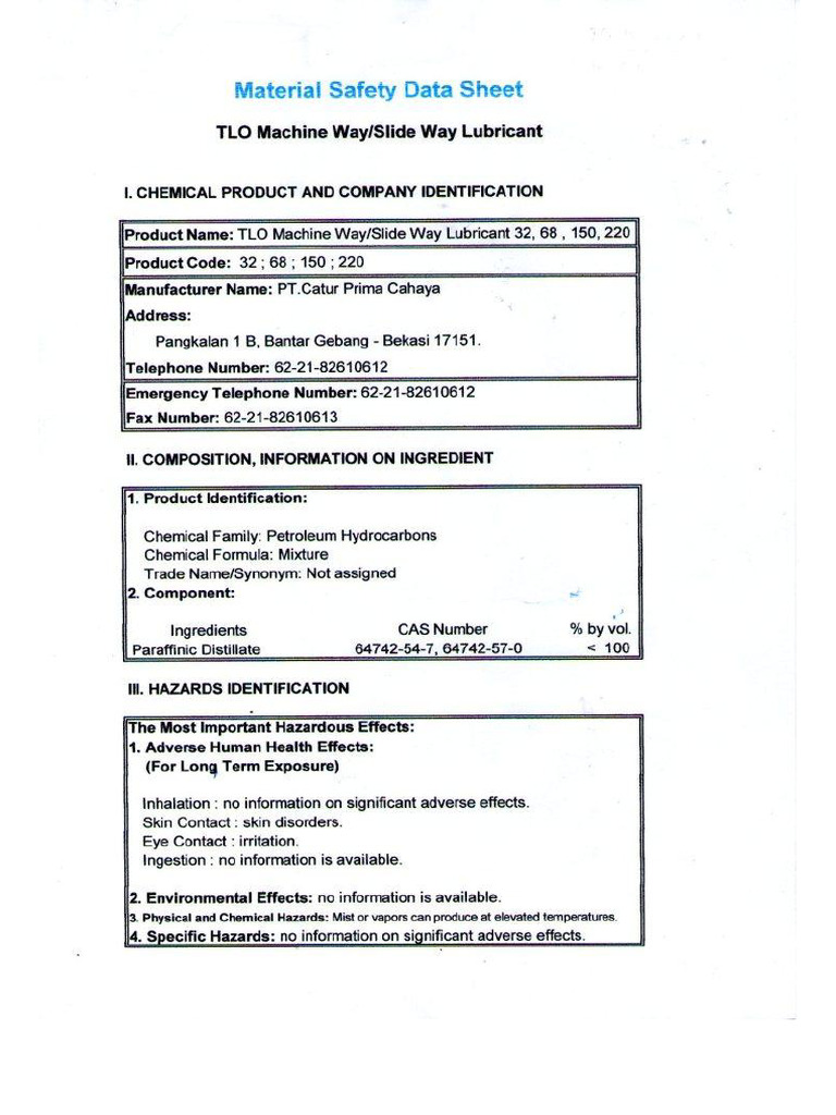 MSDS - TLO Machine (Slide Way) | PDF