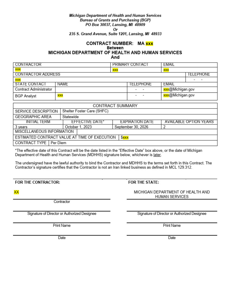Michigan Shelter Foster Care Contract | PDF | Employment | Psychologist