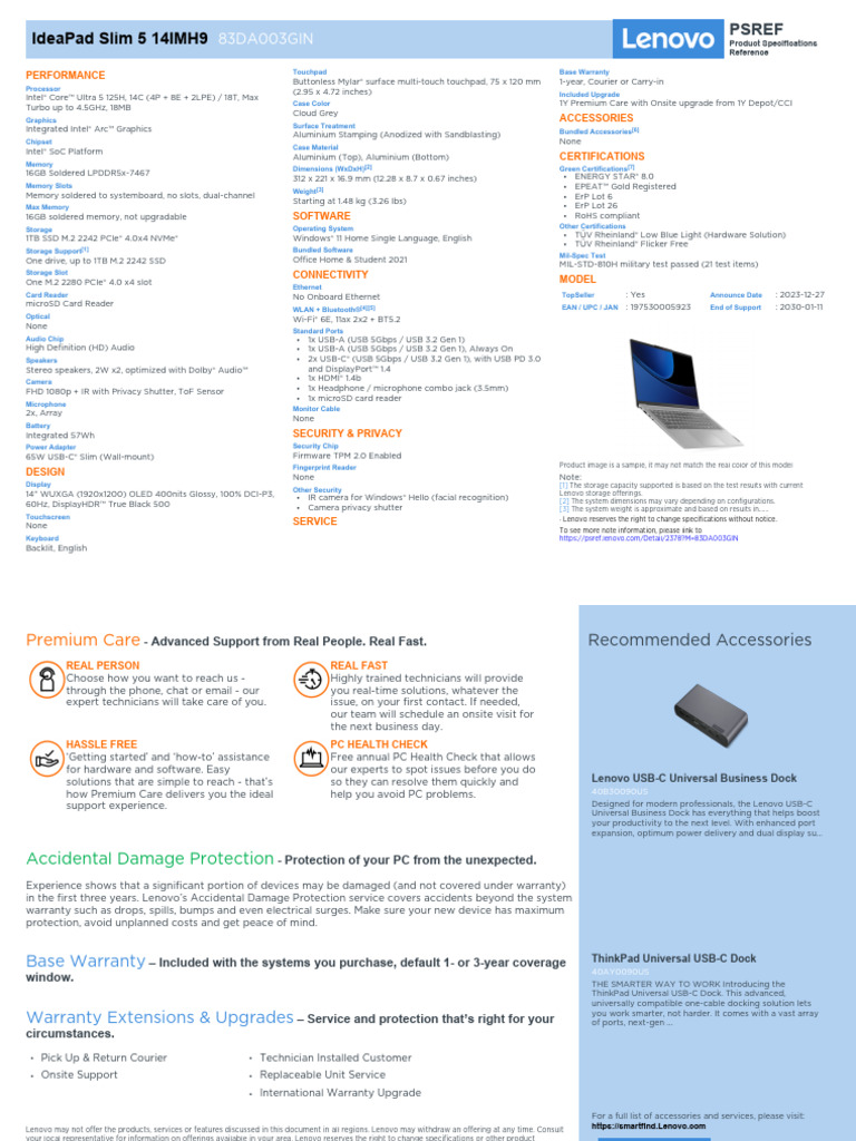 IdeaPad_Slim_5_14IMH9_83DA003GIN | PDF | Usb | Personal Computers