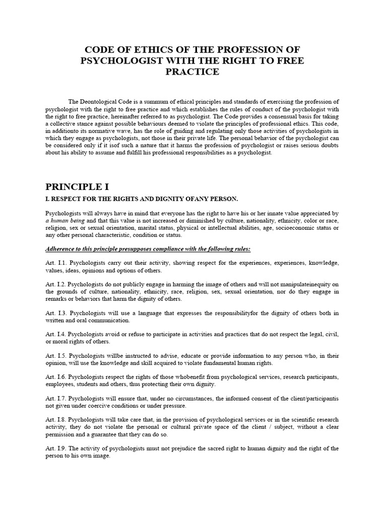 Code of Ethics of The Profession of Psychologist | PDF | Psychotherapy ...