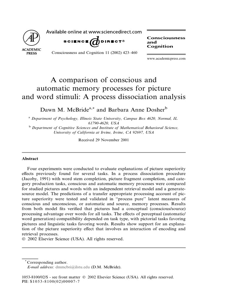 A Comparison of Conscious and Automatic Memory Processes For Picture and Word Stimuli | PDF ...