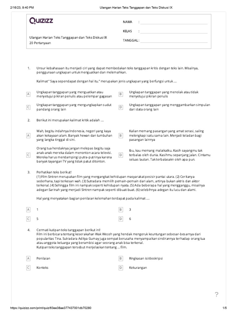 Ulangan Harian Teks Tanggapan Dan Teks Diskusi IX | PDF