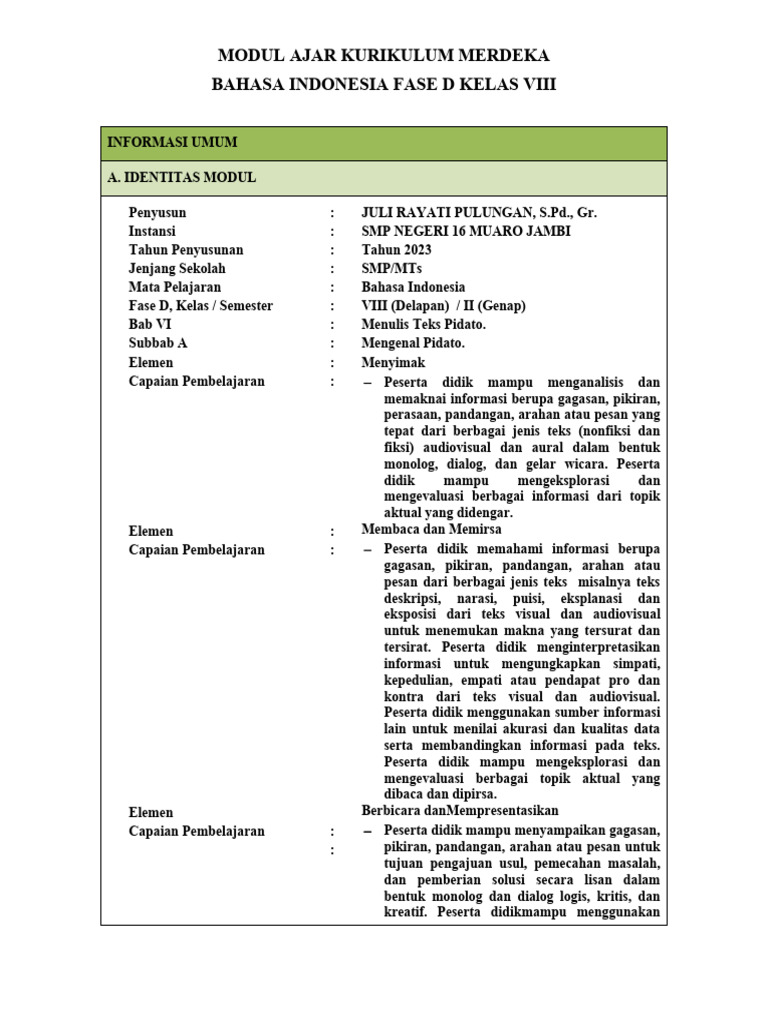 Modul Pidato Kelas 8 Kurikulum Merdeka | PDF