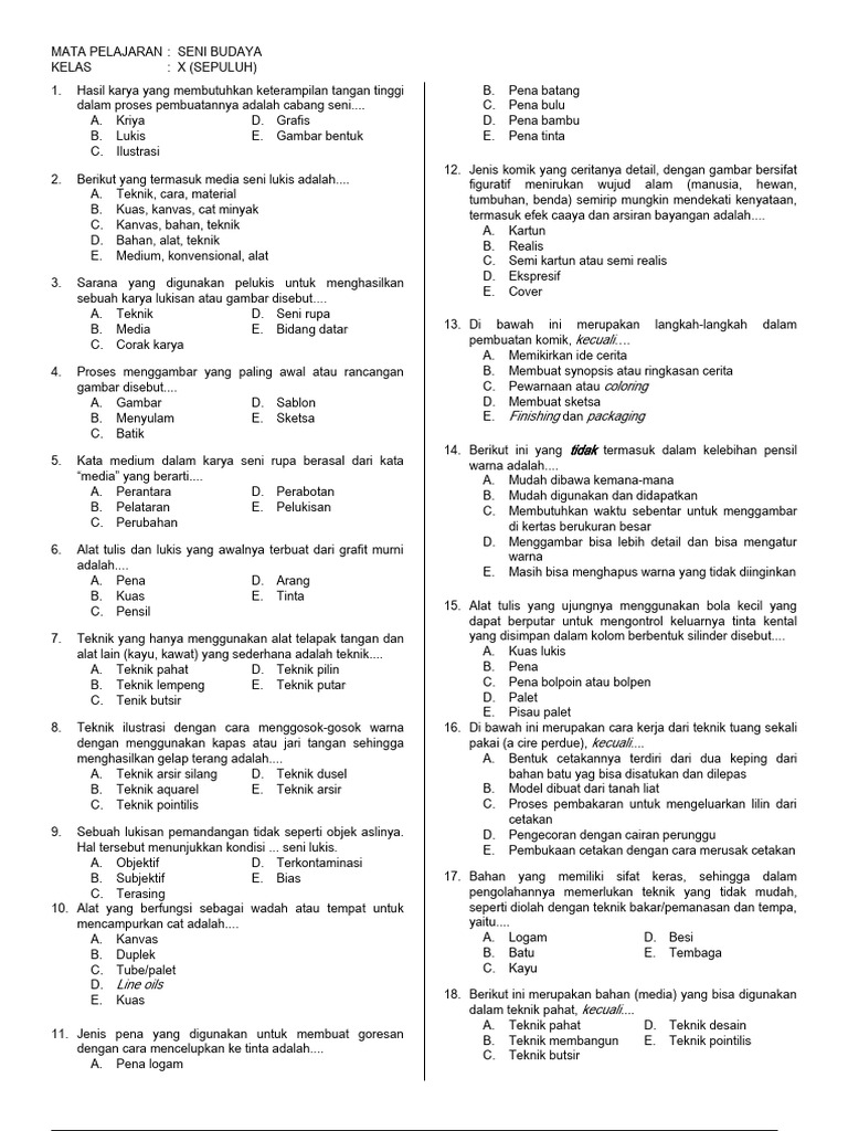 Soal PAS Seni Budaya Kelas X | PDF | Seni