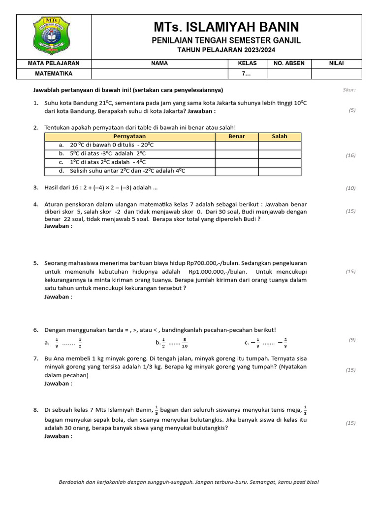 Soal PTS Ganjil 2023 2024 MTK Kelas 7 | PDF