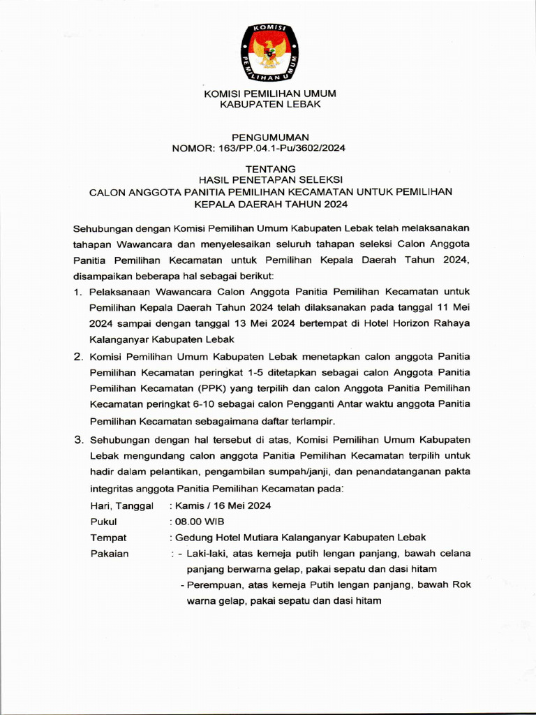 Pengumuman Hasil Seleksi PPK Pilkada 2024 | PDF