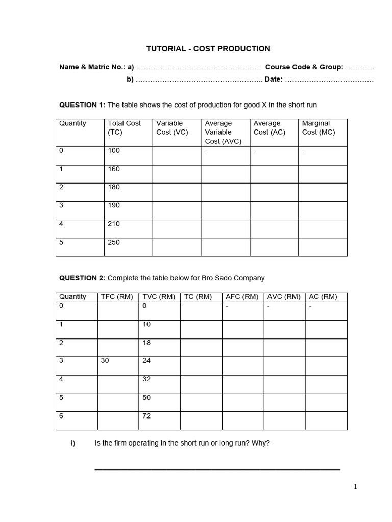 Tutorial Cost Production SRB450 | PDF | Marginal Cost | Financial ...