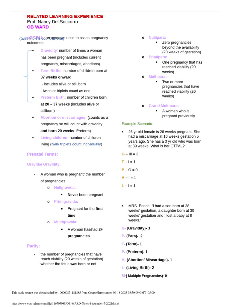 OB Ward Nursing Process and GTPAL Guide | PDF | Pregnancy | Medical ...
